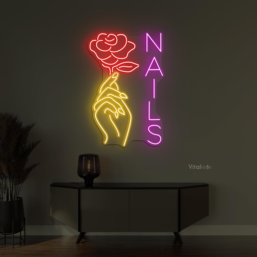 Nails Neon Sign, Nails LED Light, Hand Hold Rose Wall Decor, Custom ...