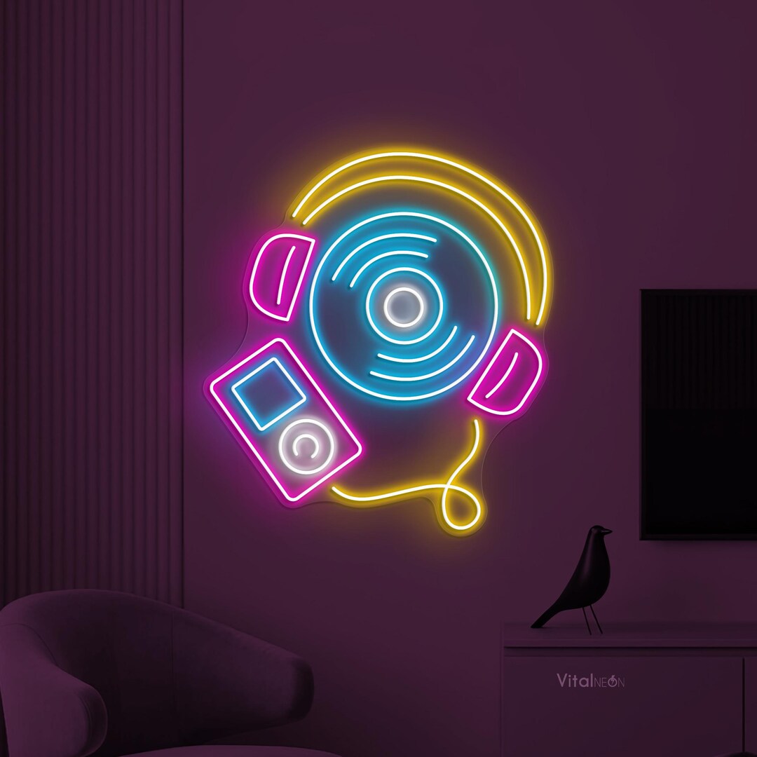 Music Neon Sign, Headphone LED Light, Headphone With Mobile Wall Art ...