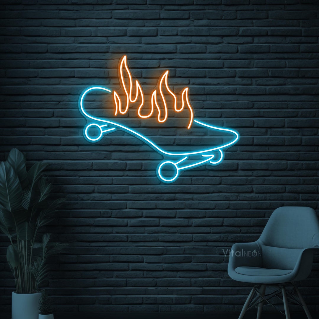 Skateboard on Fire Neon Sign, Skateboard on Fire LED Light, Flaming ...