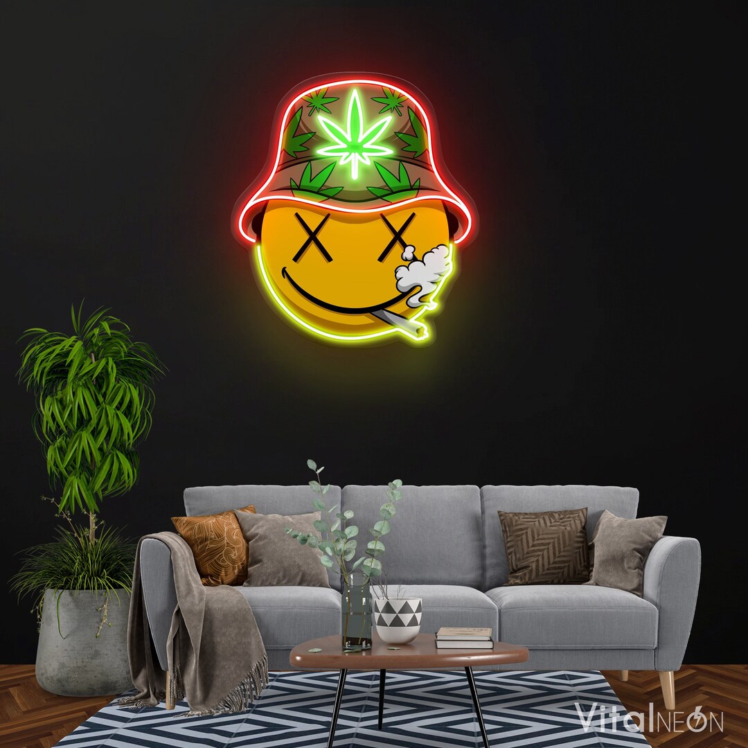 Smiley Face Neon Sign, Smoking Weed Emoji Light, Weed Happy Face Neon ...