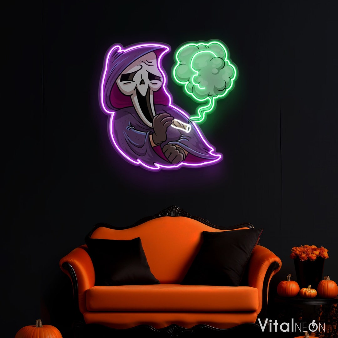 Grim Reaper Smoking Neon Sign, Spooky Halloween Wall Art, Personalized ...