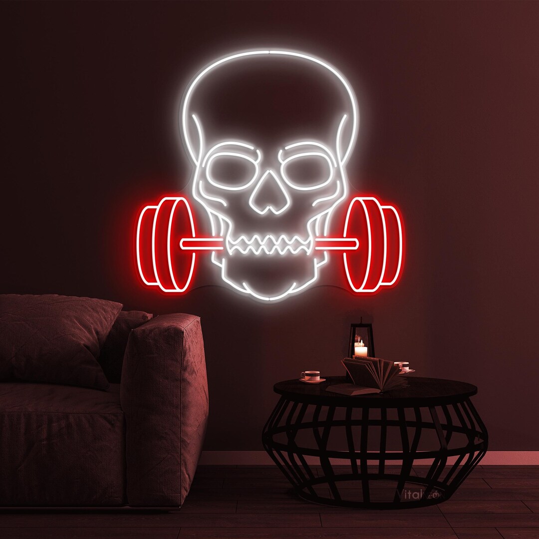 Skull With Dumbbell Neon Sign, Skull With Dumbbells LED Light, Gym Wall ...