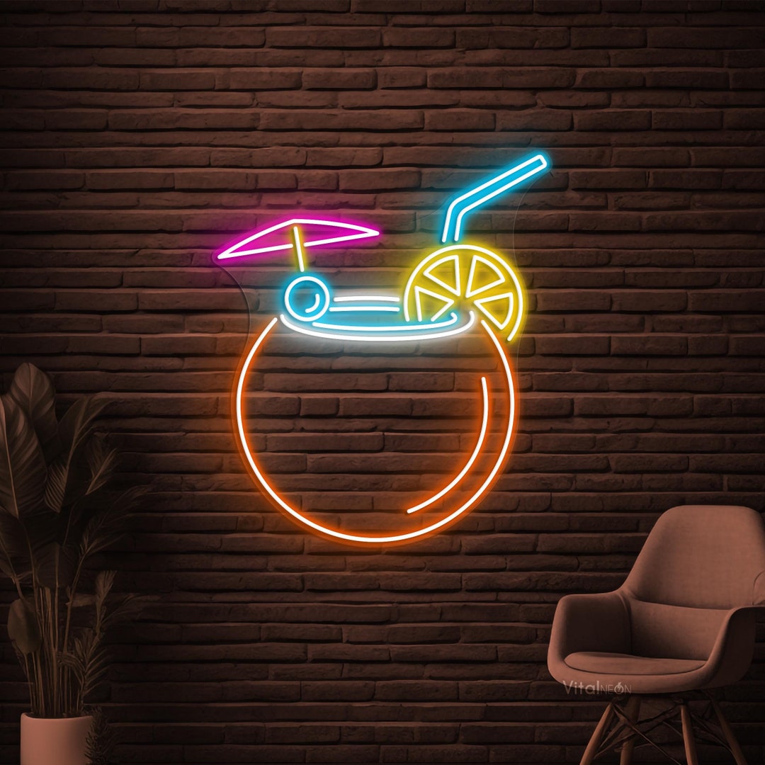 Coconut Neon Sign, Tropical Drink LED Light, Coconut Wall Art, Martini ...