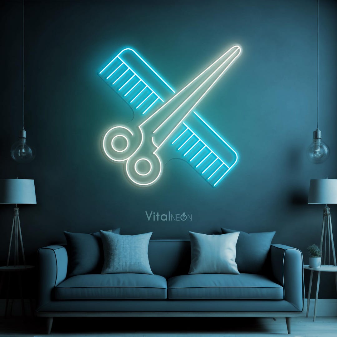 Scissors Comb LED Light Neon Sign, Hairdressing Tools Barber Shop Salon ...