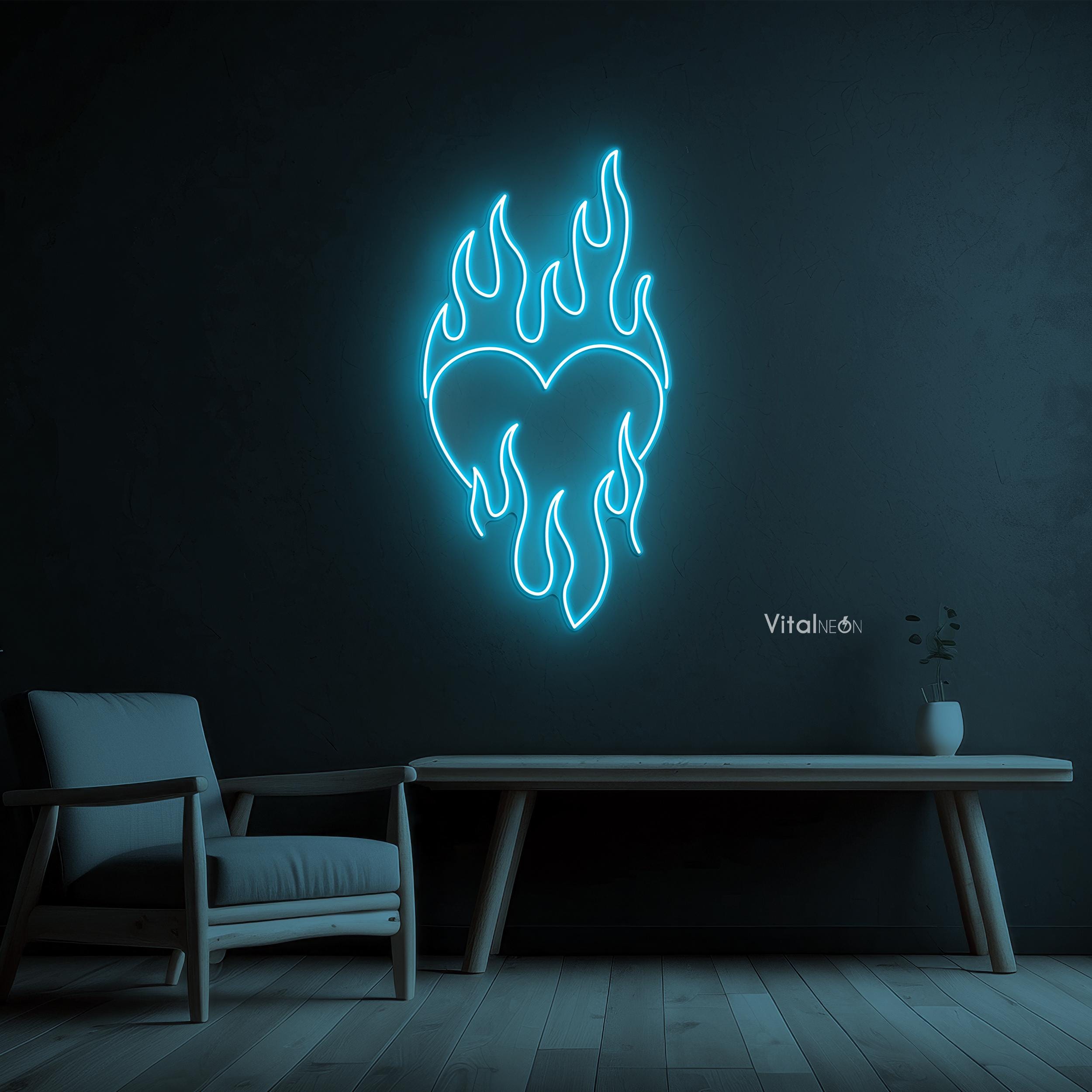 Flaming Heart Neon Sign LED Light Burning Fire Wall Art Fiery Home Room ...