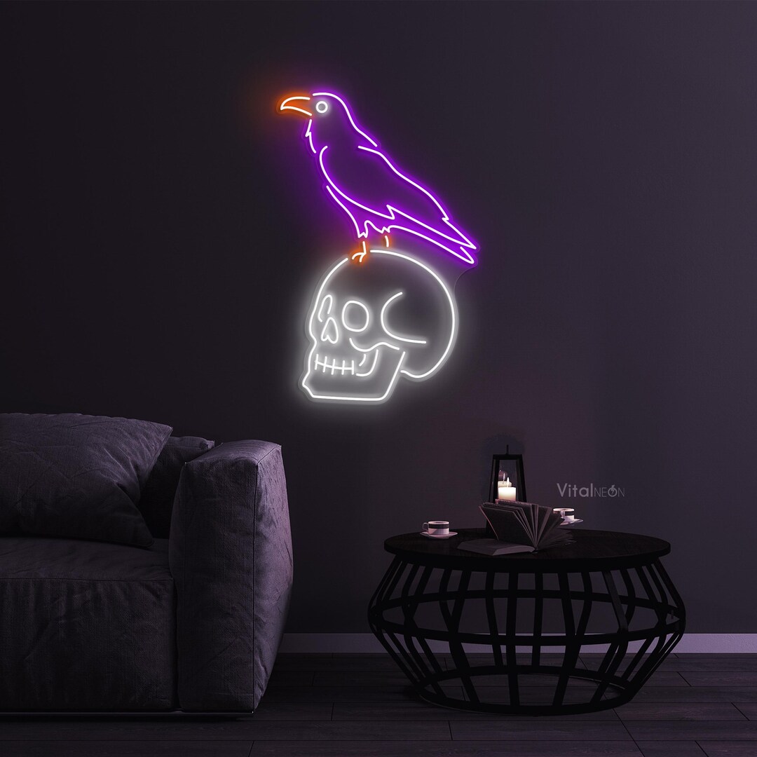 Crow on Skull Neon Sign, Crow on Skull LED Light, Skull Head Wall Decor ...