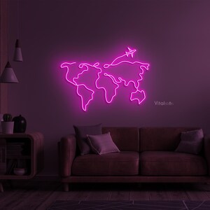 World Map LED Neon Sign, Airplane Travel Wall Art - Etsy