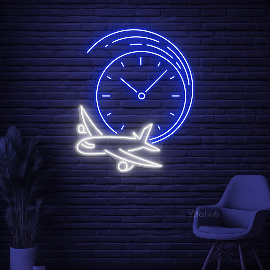 Clock and Plane Neon Sign, Clock and Plane LED Light, Airplane Wall ...
