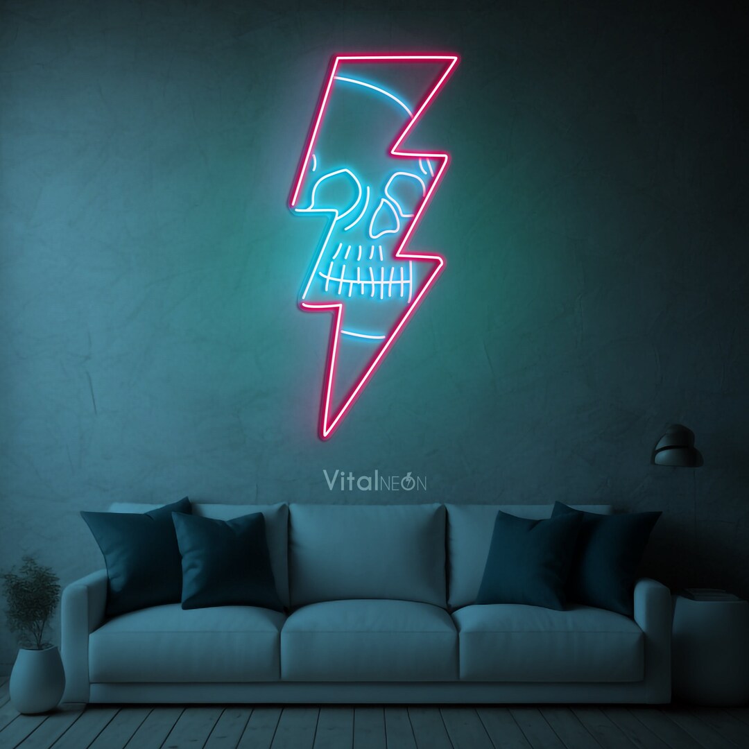 Skull Head Neon Sign, Lightning Bolt Sign, Skull Wall Art for Halloween ...