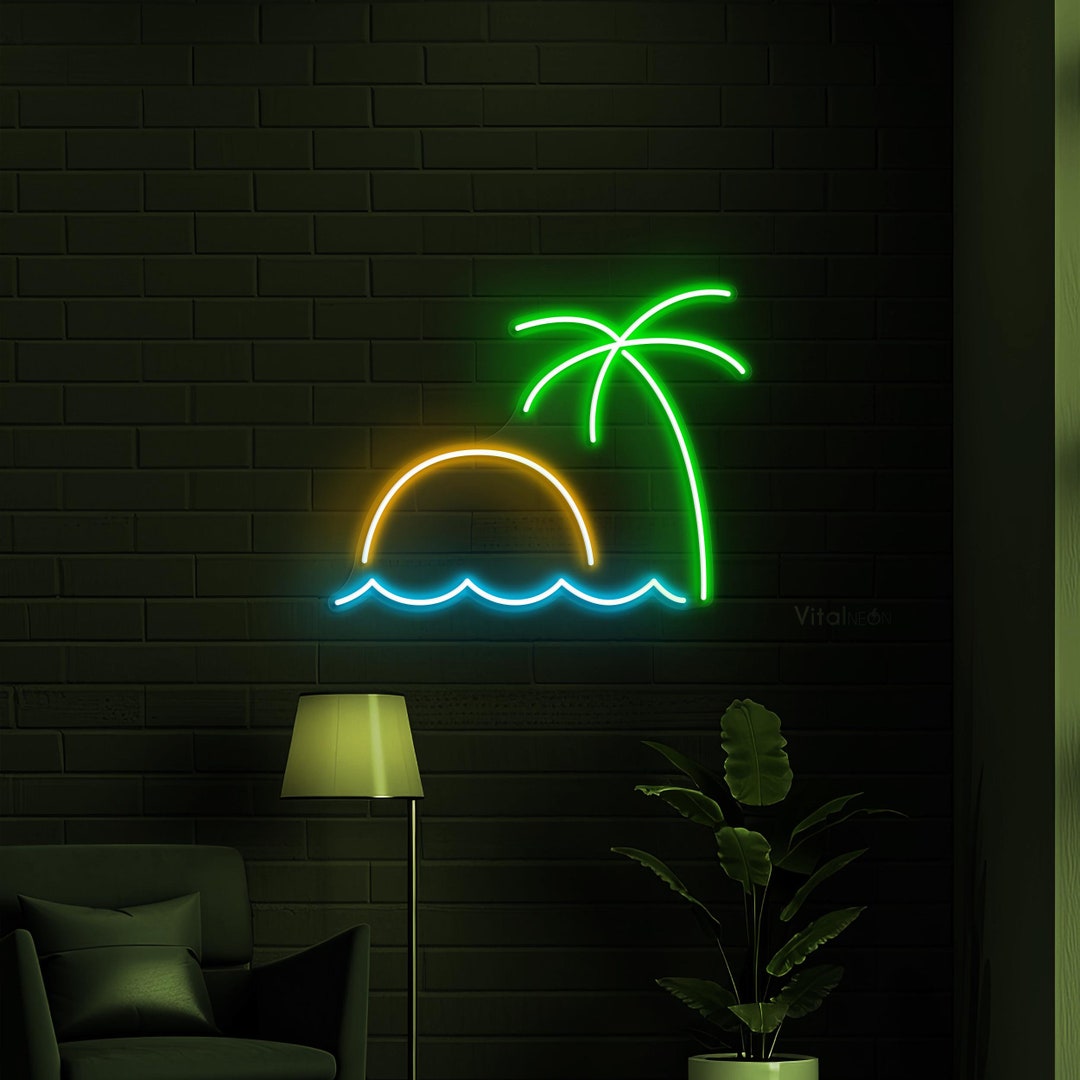 Beach Sunset LED Neon Sign, Ocean Waves & Palm Tree Decor - Etsy