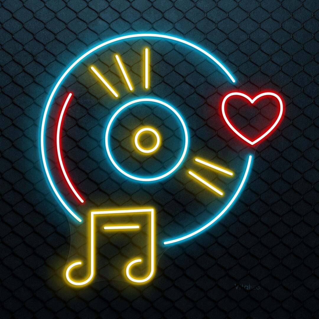 Music Record LED Neon Sign, Vinyl Record Wall Art, Musical Heart Room ...