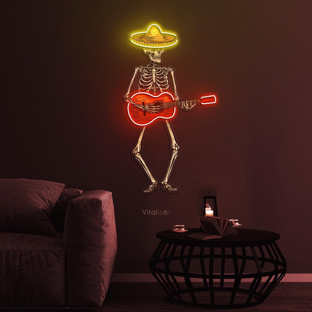 Skeleton Playing Guitar Neon Sign, Skeleton LED Pop Art, Skeleton in ...