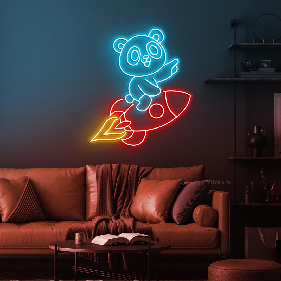 Panda on Rocket Neon Sign, Panda on Rocket LED Light, Space Panda Decor ...