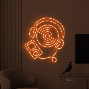 Music Neon Sign, Headphone LED Light, Headphone With Mobile Wall Art ...