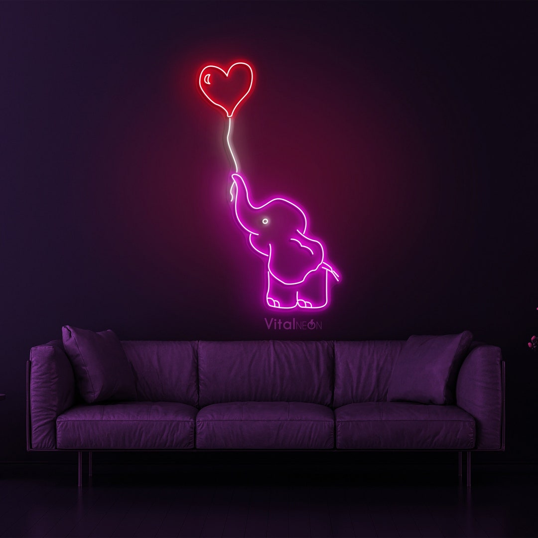 Cute Elephant LED Neon Signs, Elephant With Heart Balloon Night Light ...