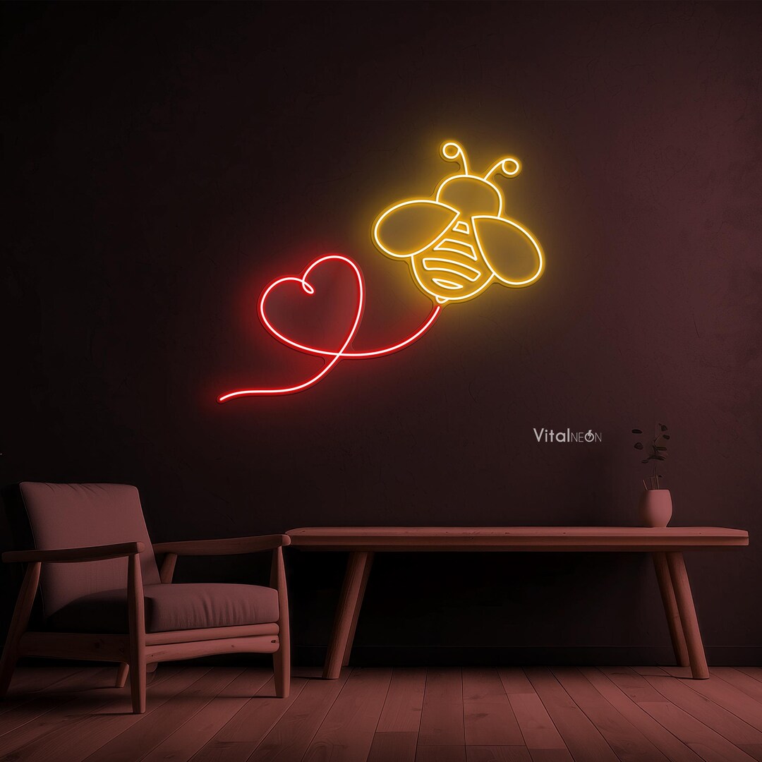 Bee Heart Neon Sign, Bee Heart LED Light, Bee Heart Wall Art, Flying ...