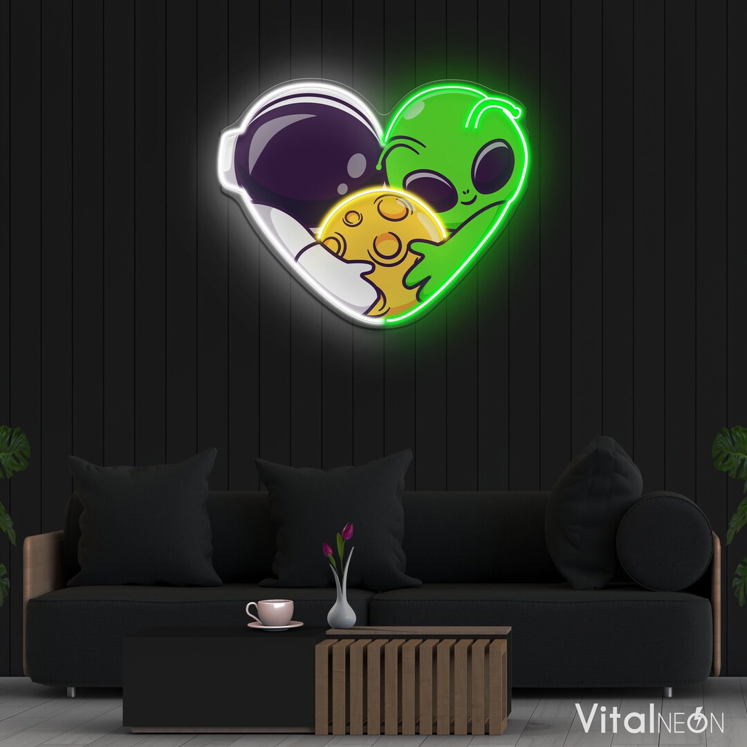 Astronaut and Alien Hugging Moon Neon Sign, LED Spaceman Light for Wall ...