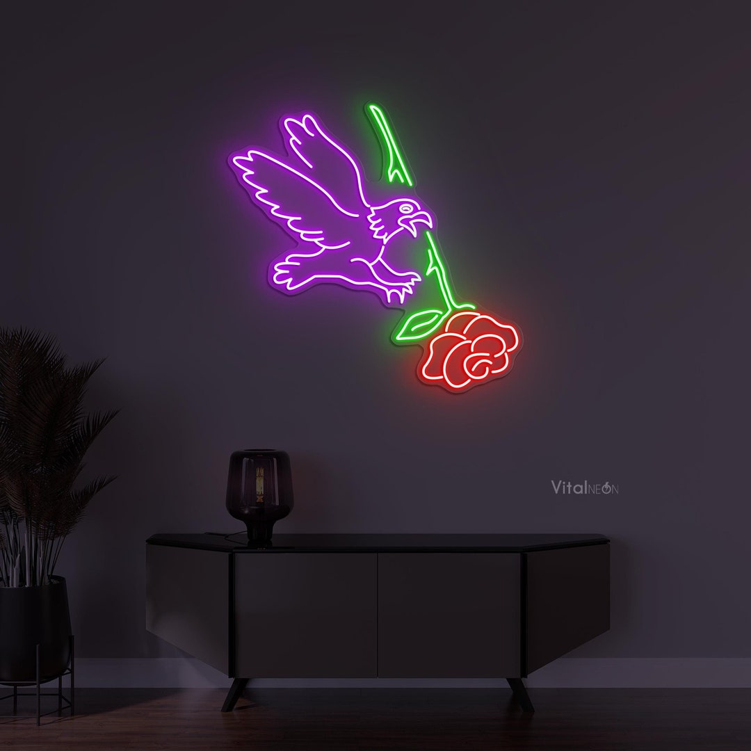 Dove Holding Rose Neon Sign, Bird Holding Rose LED Light, Birds Shop ...