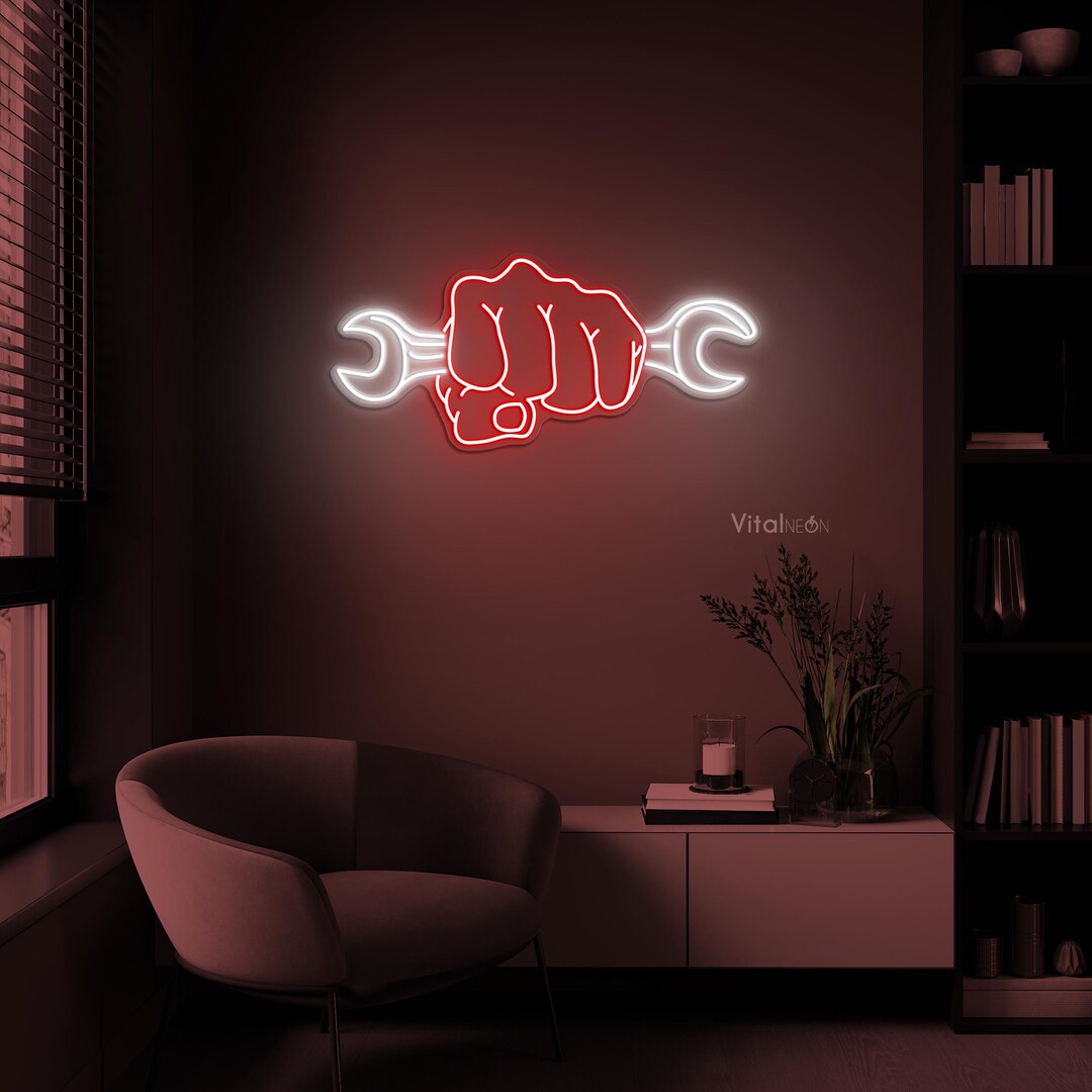 Fist Holding Wrench Neon Sign LED Light Mechanic Wall Art Workshop ...