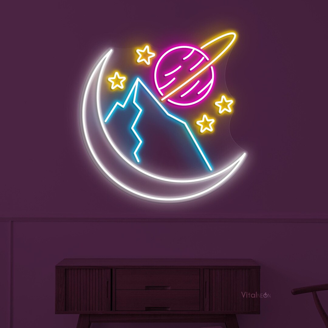 Moon and Planet Neon Sign, Moon & Planet LED Light, Mountain Neon Art ...
