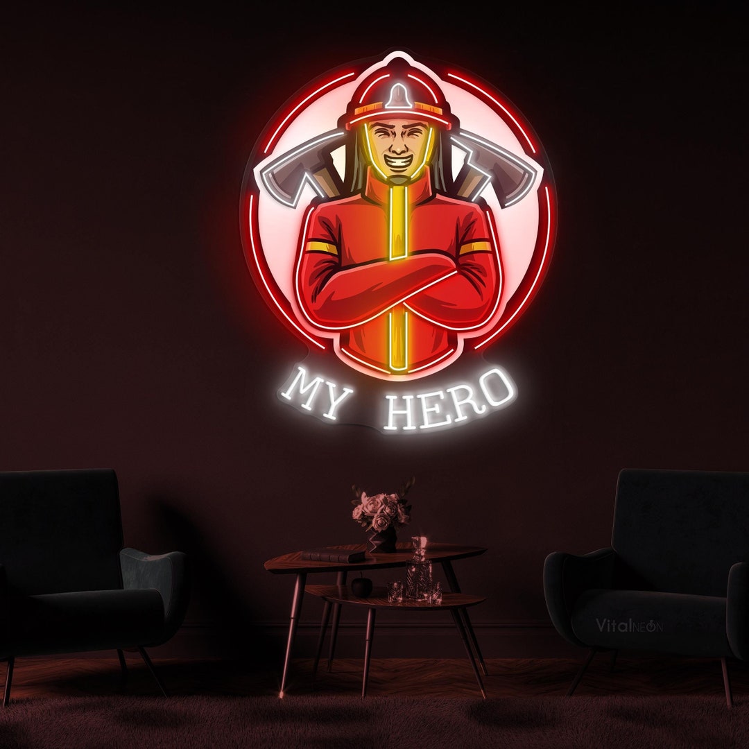My Hero Neon Sign, Firefighter Hero LED Pop Art, Firefighter Boy Wall ...