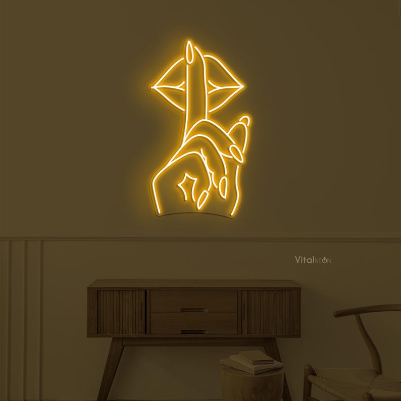 Shhh Face Neon Sign, Hand on Lips Wall Art, Quiet Silent LED Light ...