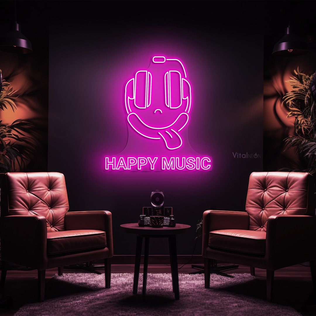 Happy Music Neon Sign, Headphone LED Sign, Podcast & Studio Decor ...