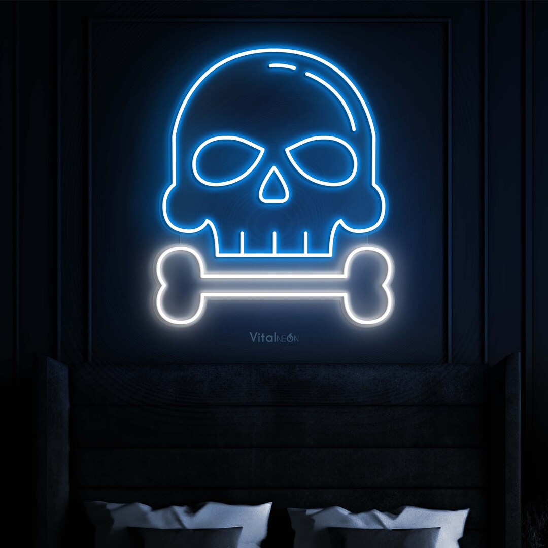 Skull Head & Crossbones Neon Sign, Halloween Decor, Bar, Game Room, Man ...