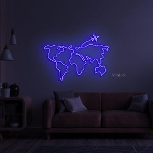 World Map Neon Sign, World Map With Airplane LED Light, World Map LED ...