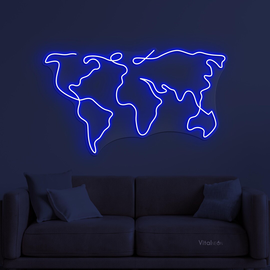World Map Neon Sign, World Map LED Light, Office Wall Decor, Travel ...