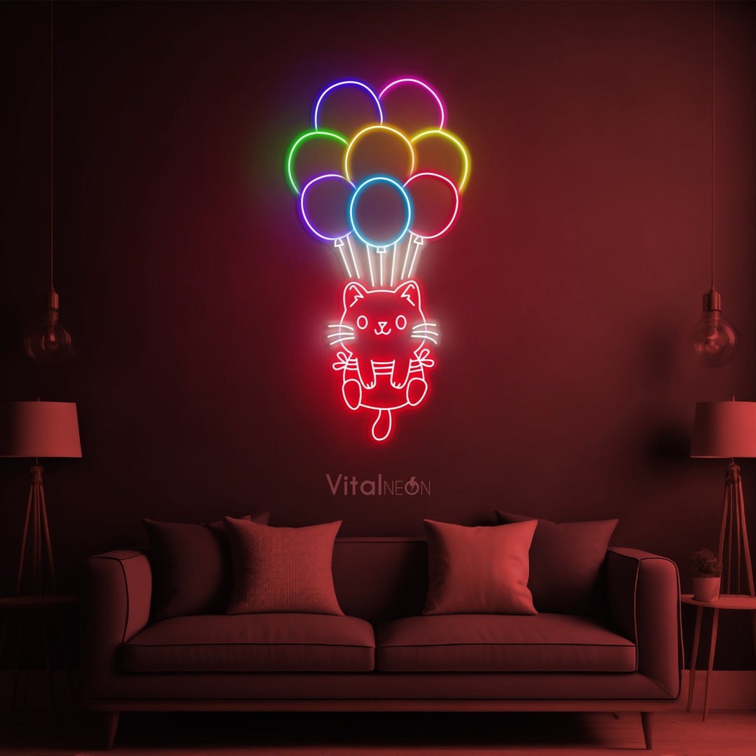 Cat With Balloons Neon Sign, LED Kitty Neon Sign, Bedroom Wall Decor ...