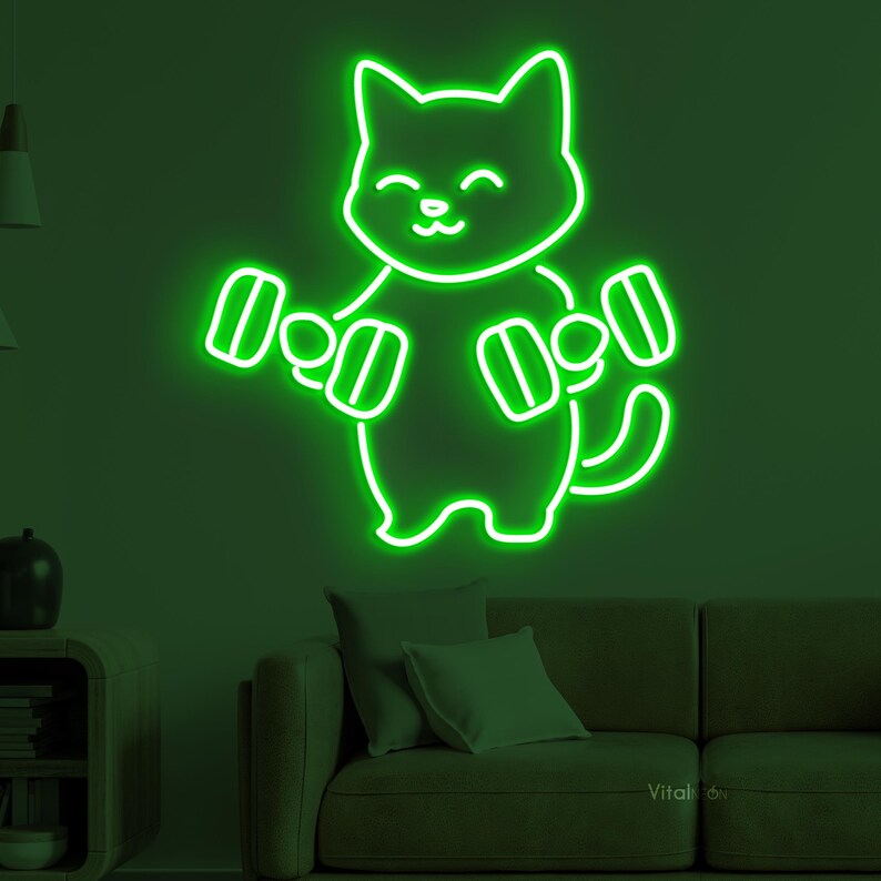 Cat Dumbbell LED Neon Sign for Home Gym Wall Display and Cat Fitness ...