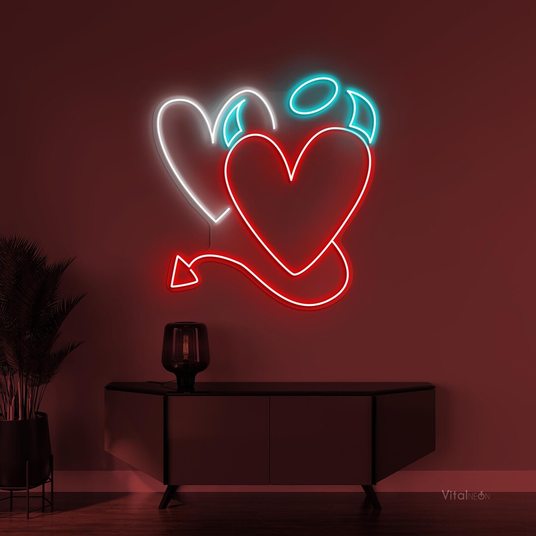Devil Heart Neon Sign, Devil Heart LED Light, Angel and Devil Hearts ...