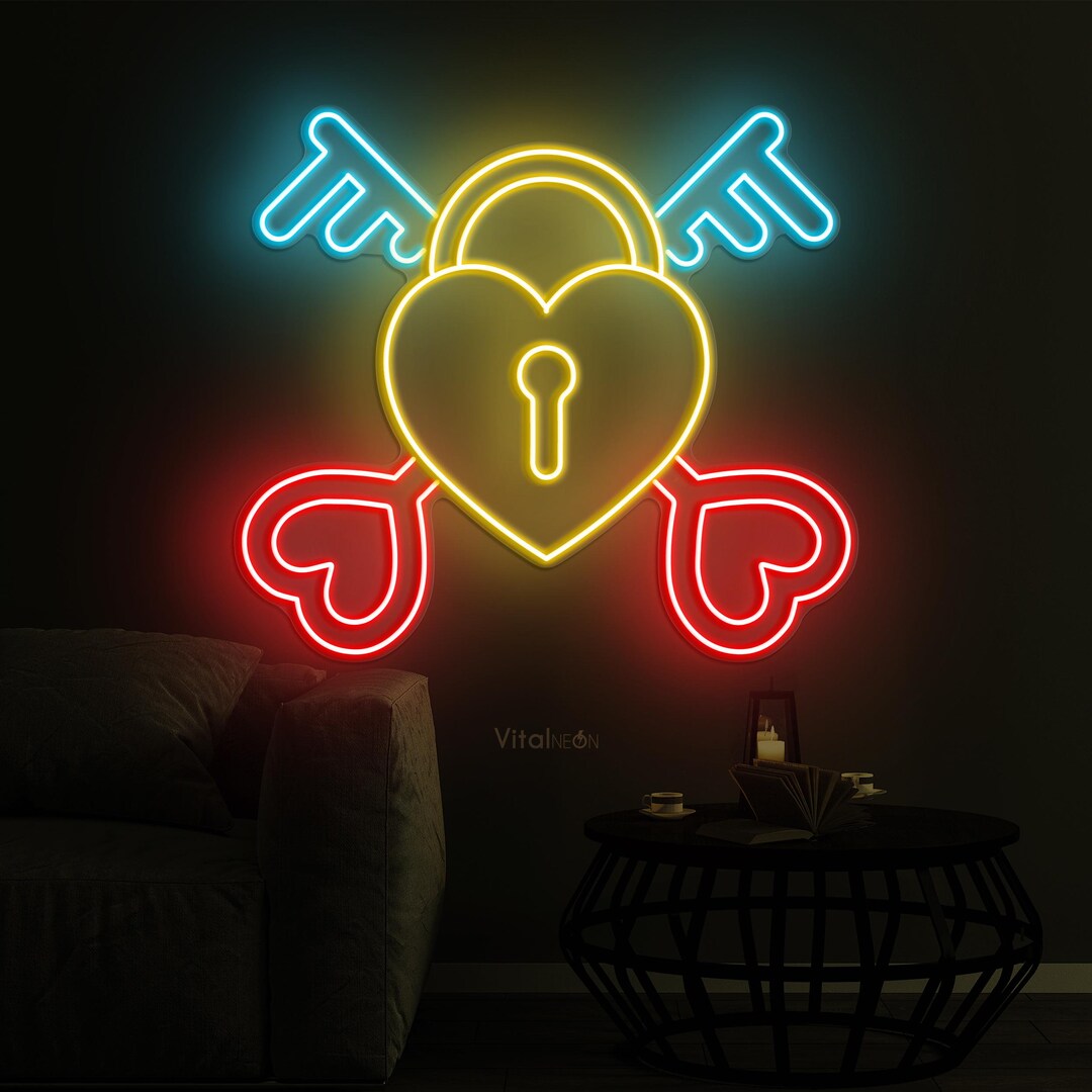 Heart and Keys Neon Sign, Heart and Keys LED Light, Lock With Key LED ...