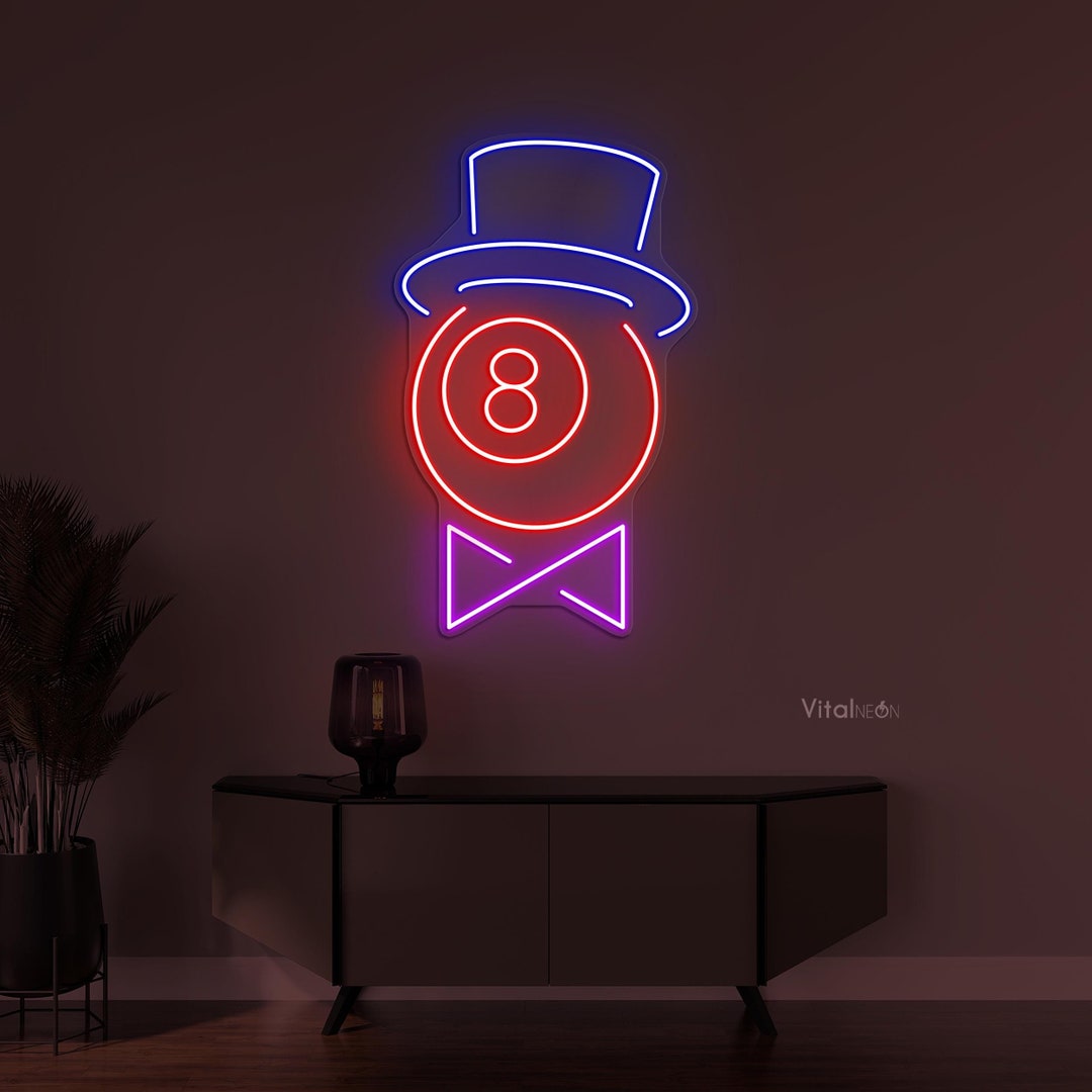 8 Ball Neon Sign, 8 Ball LED Light, 8 Ball With Hat Decor, Billiard ...