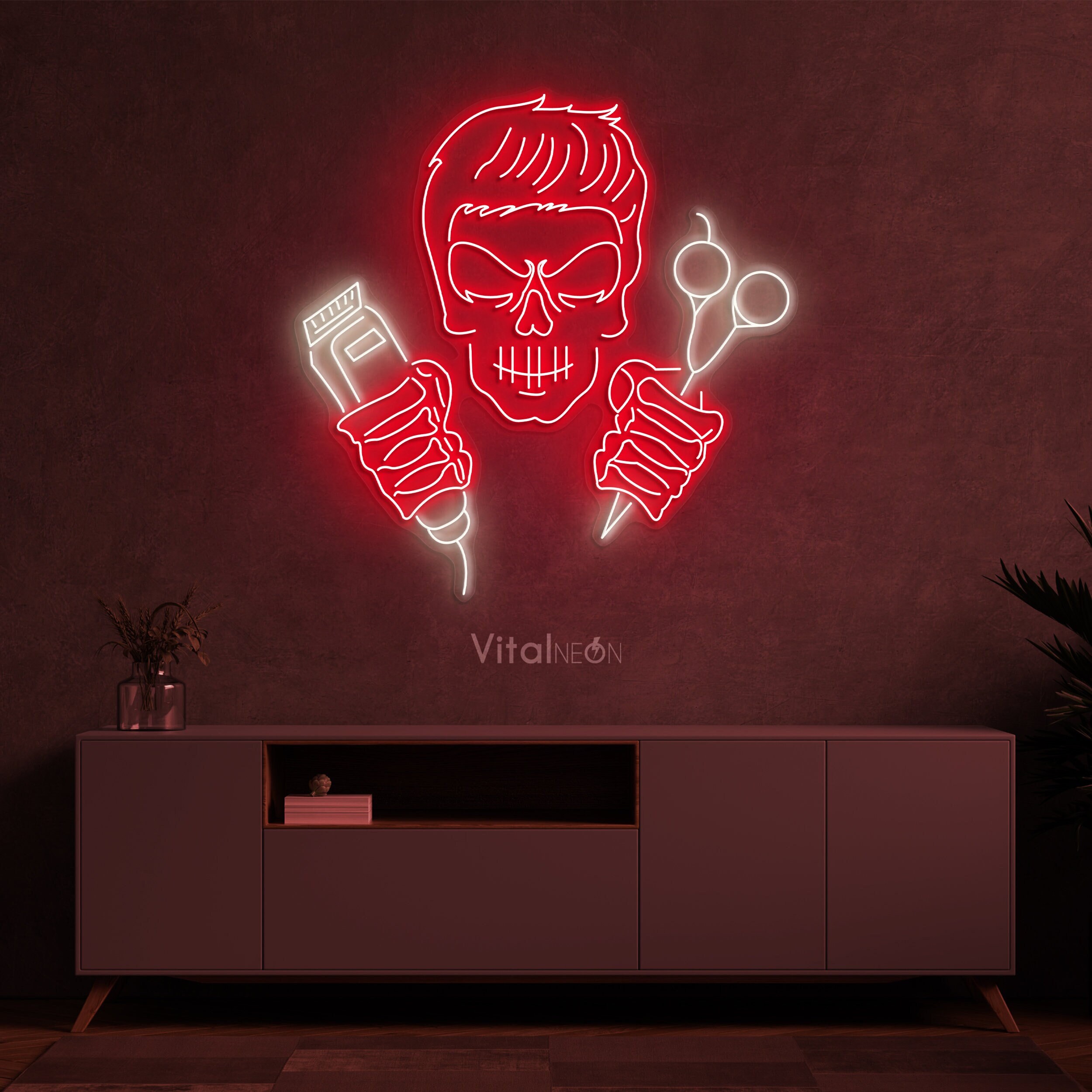 Skull Barber Neon Sign LED Light Clippers Scissors Salon Wall Art Hair ...