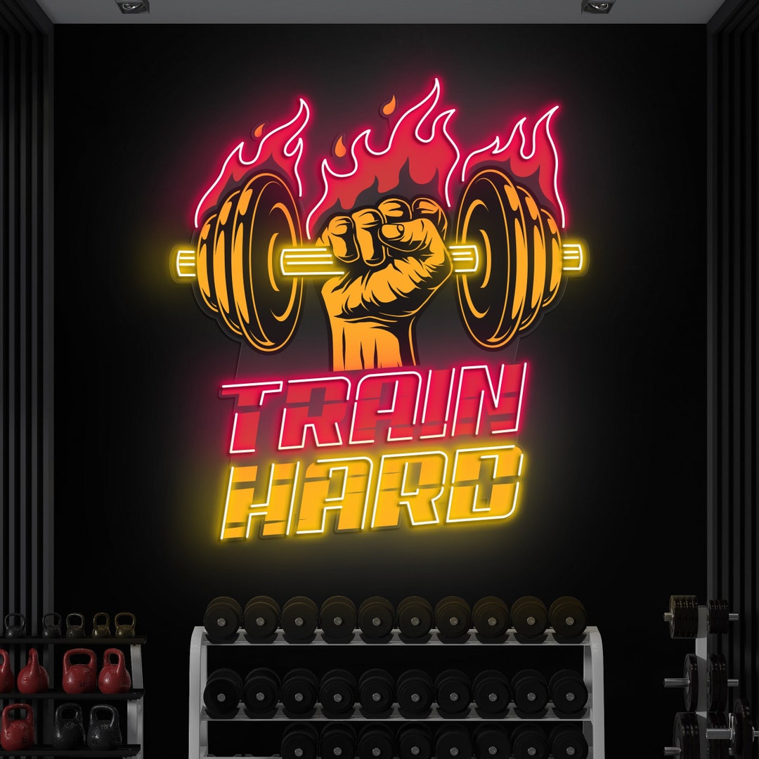 Train Hard LED Neon Sign for Gym Workout Motivation Dumbbell Wall ...