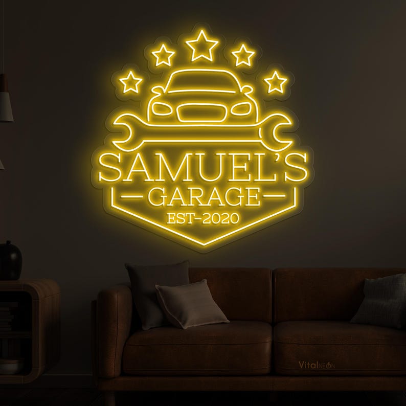 Custom Name Neon Sign 5 Star Garage Auto Shop Mechanic LED Workshop ...