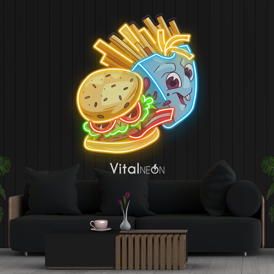 Hamburger & Fries LED Light Neon Sign Fast Food Restaurant Kitchen Gift ...