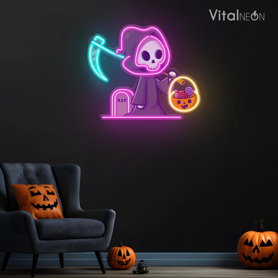 Skull Reaper Neon Sign, Reaper LED Neon Pop Art, Halloween Wall Art ...