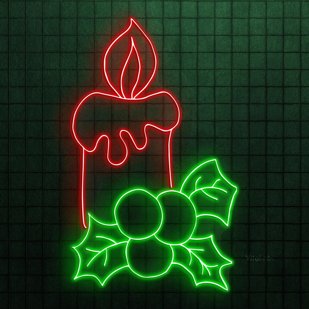 Candle Neon Sign, Christmas Candle LED Light, Berries and Leaves Neon ...