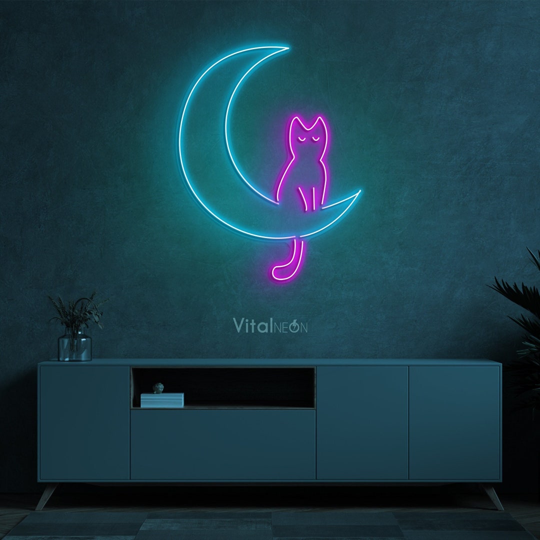 Cat on Moon Neon Sign, Moon Cat LED Wall Art, Kids Room Decor, Cat ...