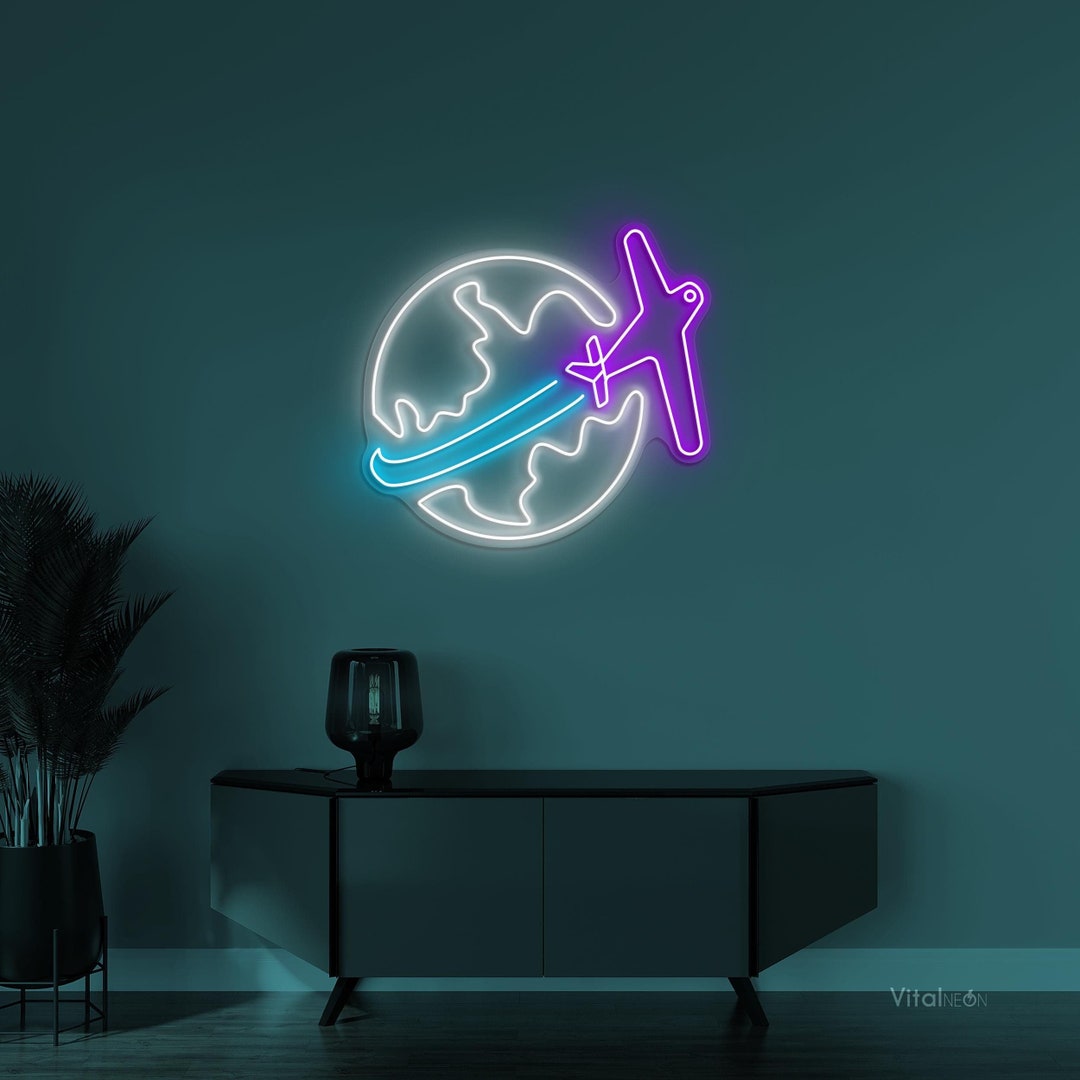 World Neon Sign, Travel World LED Light, Airplane Wall Decor, Earth ...
