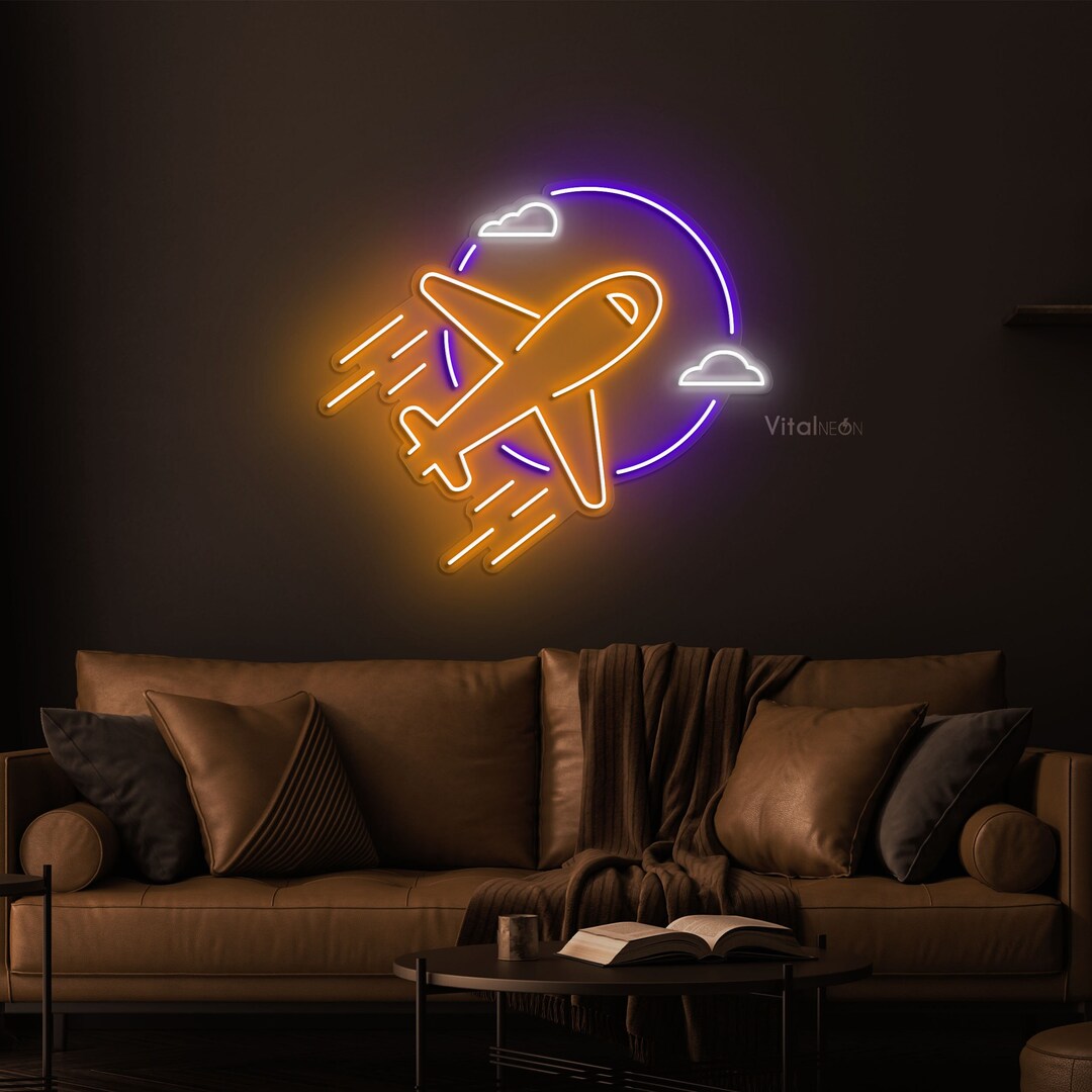 Flying Airplane Neon Light, Airplane Takeoff Neon Sign, Aviation Wall ...