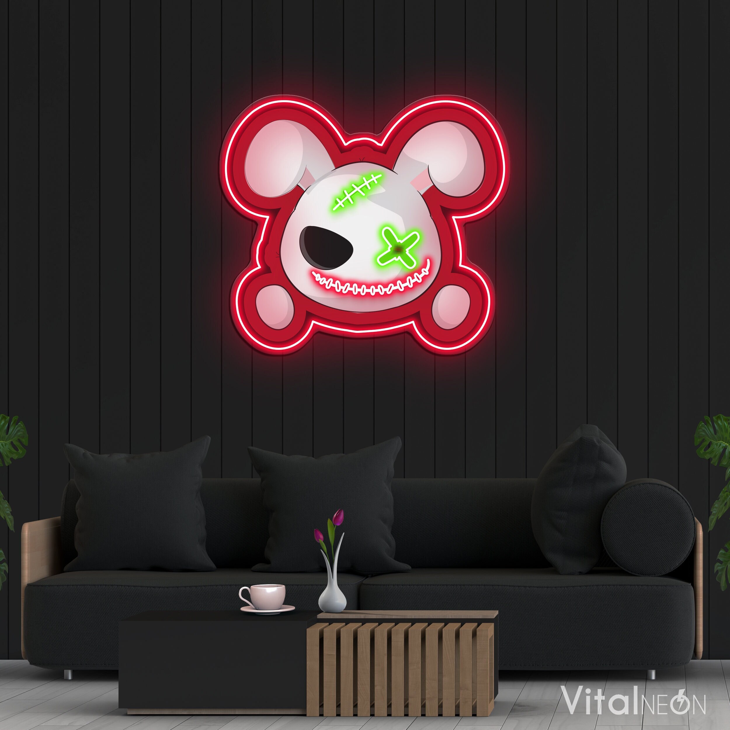 Teddy Bear With Green Cross Neon Sign, Led Neon Light, Horror Bear Face ...