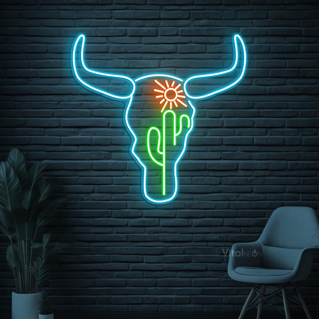 Bull Head Neon Sign, Bull Skull LED Light, Bull Skull & Cactus LED ...