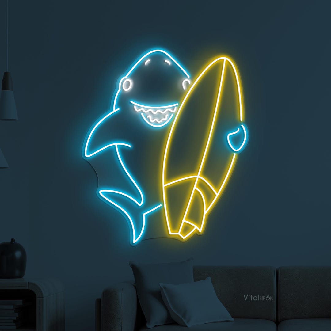 Surfing Shark Neon Sign, Shark Surfing LED Light, Beach Vibes Wall ...