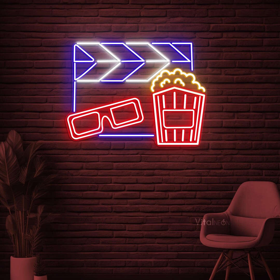 Movie Night Neon Sign, Cinema Popcorn Glasses LED Light, Home Theater ...