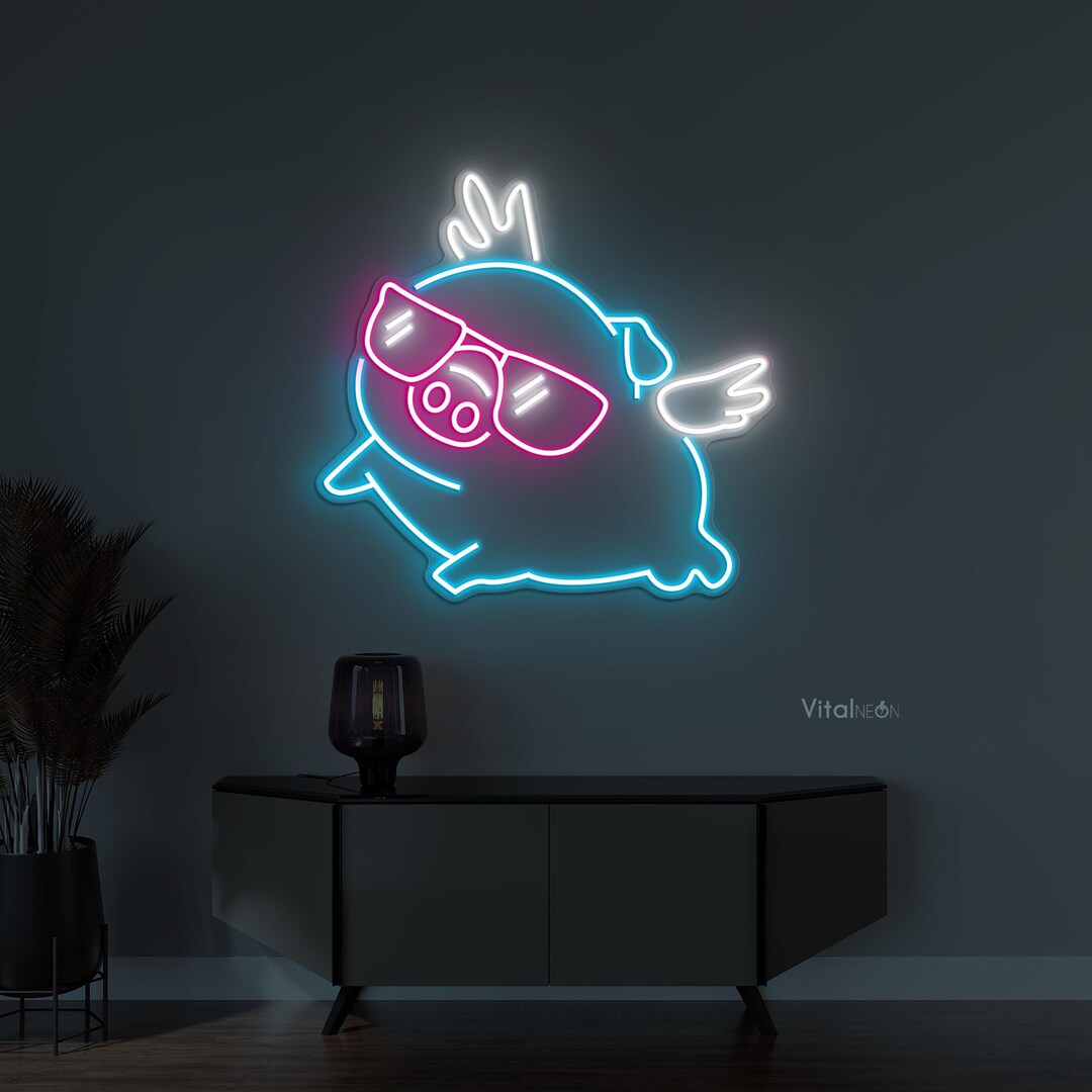 Flying Pig Neon Sign, Pig With Glasses LED Light, Cute Flying Pig Wall ...