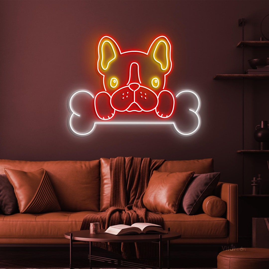 Frenchie Dog Bone LED Light Neon Sign, Kids Room Animal Shop Wall Decor ...